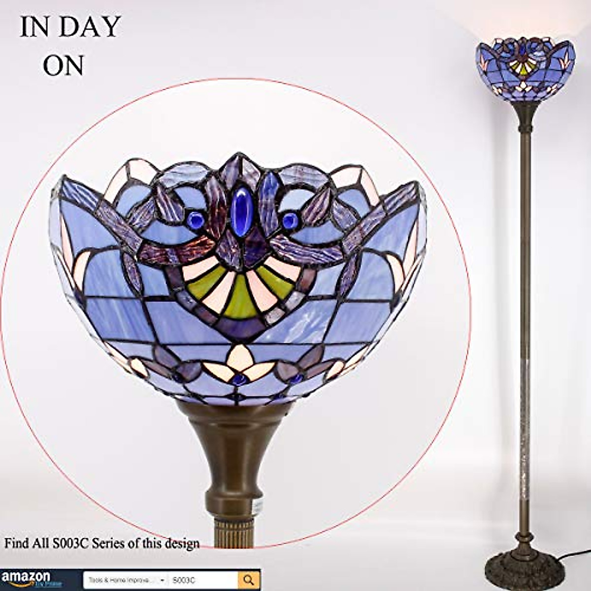 WERFACTORY Tiffany Floor Lamp Blue Purple Baroque Stained Glass Light 12X12X66 Inch Pole Torchiere Standing Corner Torch Uplight Decor Bedroom Living Room Home Office S003C Series