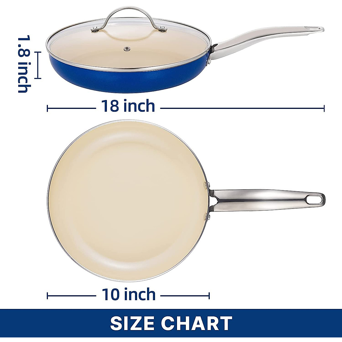 Qstar 10 inch Ceramic Nonstick Frying Saute Pan in Sapphire Blue with Lid and Stainless Steel Handle