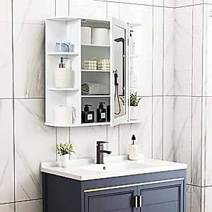 COSTWAY Wall Mounted Bathroom Cabinet - Storage Cabinet with Mirror Door & Adjustable Shelves, Space-Saving Medicine Storage Organizer for Living Room Kitchen Entryway (White)