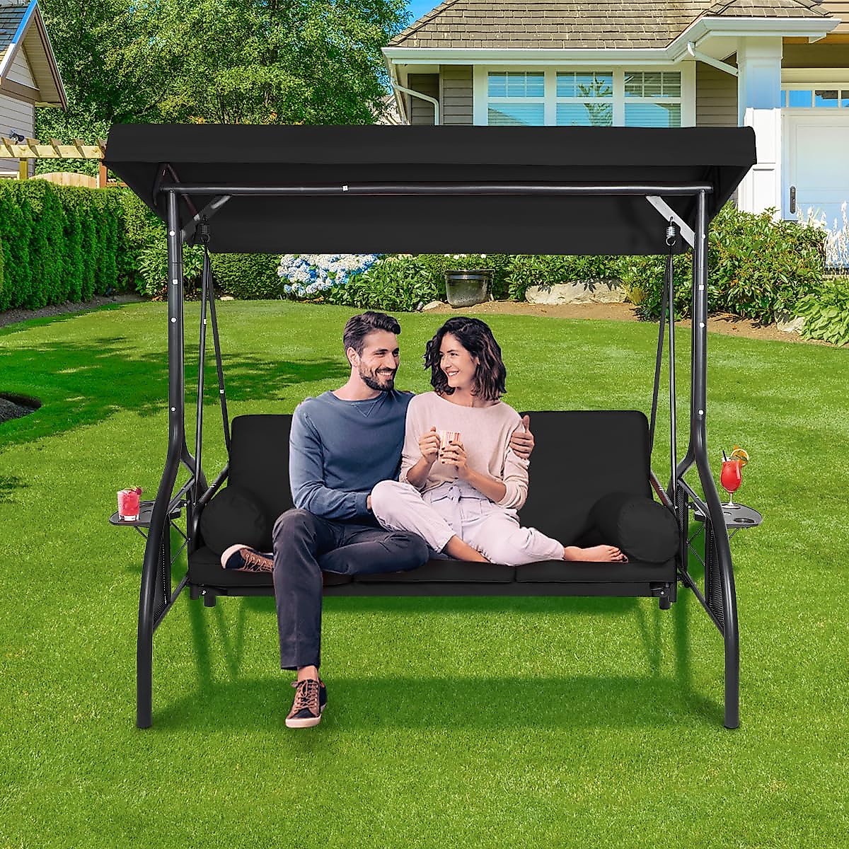 FKLUG 3-Seat Outdoor Porch Swing,2-in-1 Convertible Patio Swing Bed,Outdoor Patio Swing Chair w/Cushions,Pillows,Side Tray and Adjustable Canopy for Outside,Porch,Backyard,Garden(Black)