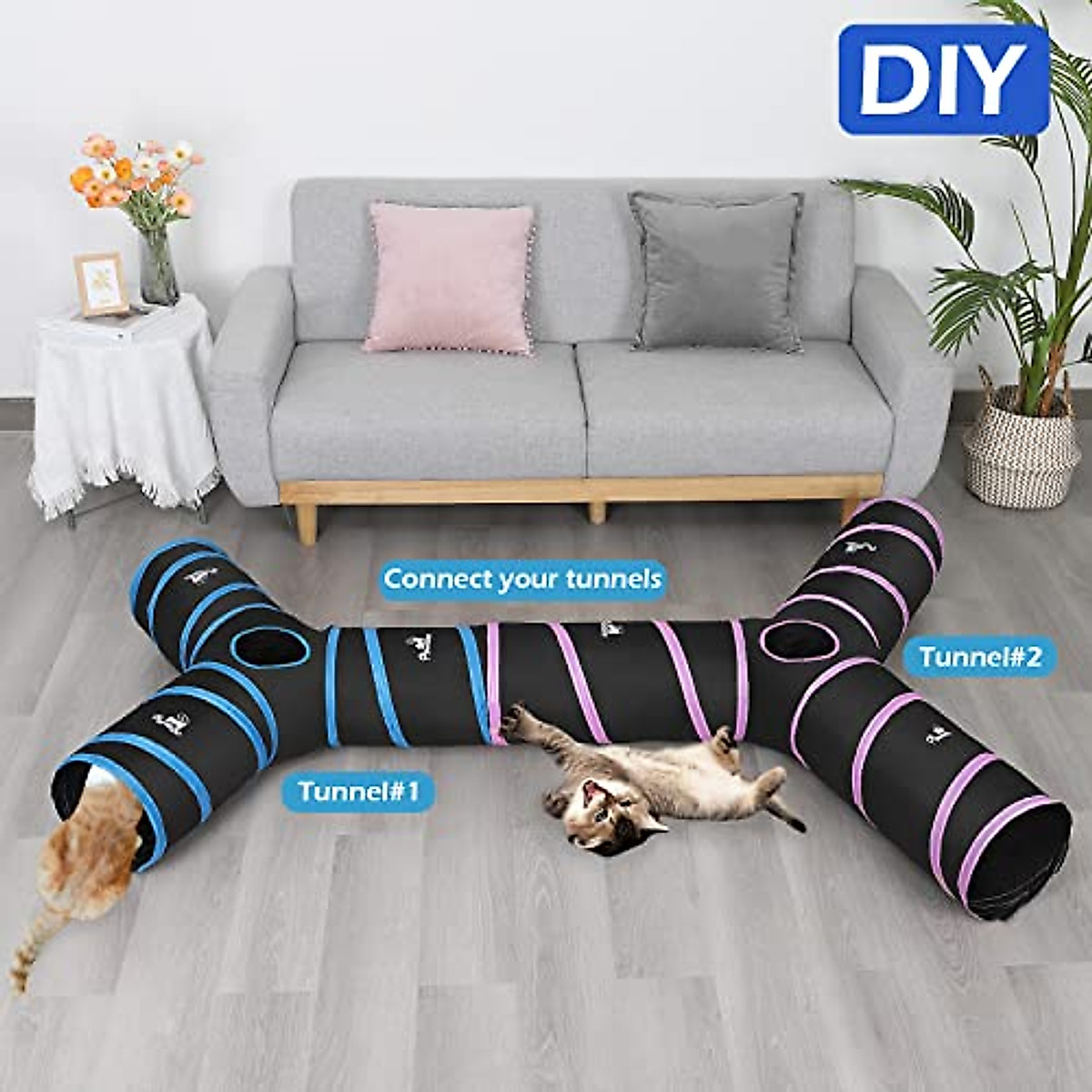 Pawaboo Cat Toys, Cat Tunnel Tube 3-Way Tunnels 25x40cm Extensible Collapsible Cat Play Tent Interactive Toy Maze Cat House Bed with Balls and Bells for Cat Kitten Kitty Rabbit Small Animal, Blue