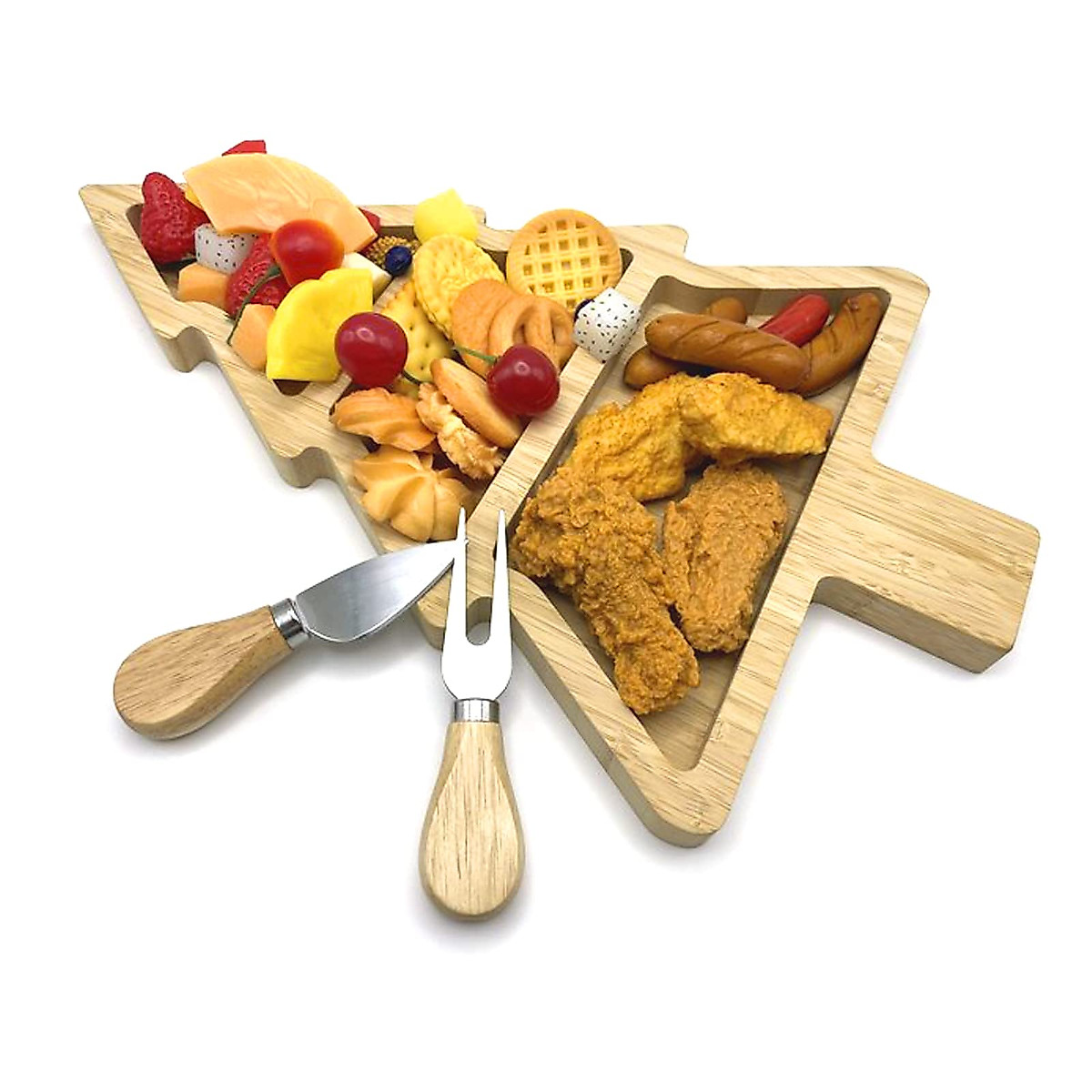 Bamboo Serving Platter, Multiple Spaces Reusable Bamboo Plates, Novel Shape Charcuterie Board Set with Knife & Fork, Fruit, Bread, Salad Plate for Christmas Thanksgiving (Christmas Tree)