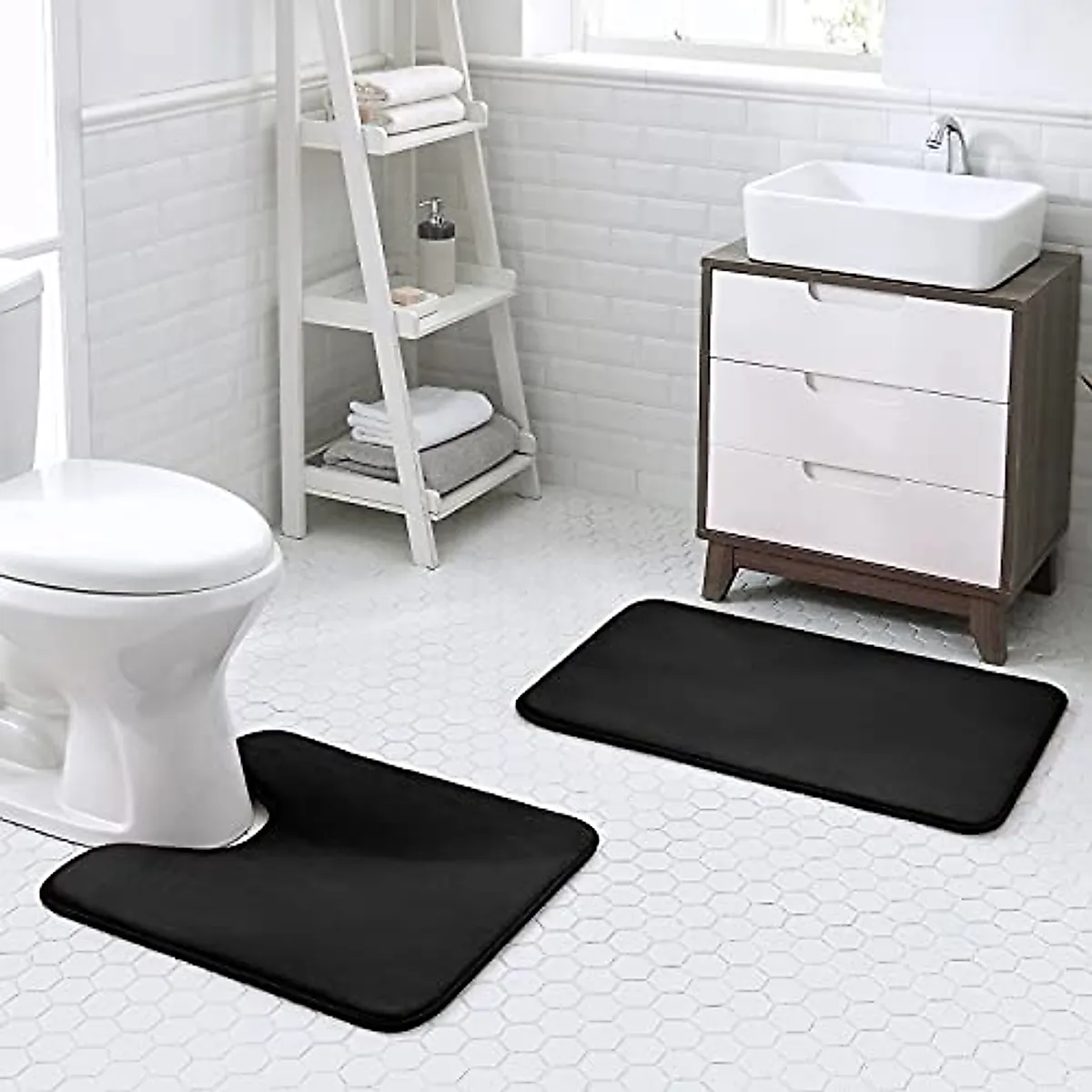 Walensee Extra Thick Memory Foam Bath Rug (17x24 Black) Non Slip Absorbent Super Cozy Velvet Bathroom Mat, Luxury Soft Plush Small Carpet for Bath Room Shower Floor Tub, Machine Wash Dry