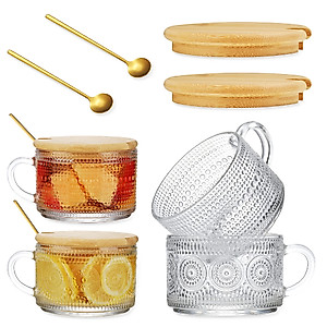 Newpow Vintage Coffee Mugs Set of 4, Glass Cups Overnight Oats Containers with Bamboo Lids and Spoons, Cute Coffee Bar Accessories, Iced Coffee Glasses - Clear 13oz