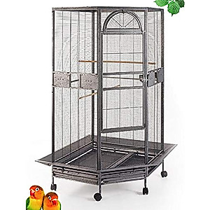 64" Extra Large Corner Bird Flight Breeding Wrought Iron Rolling Parrot Cage Side Solid Metal Plate Feed Doors Pull Out Metal Grate and Tray with Around Metal Seed Guard