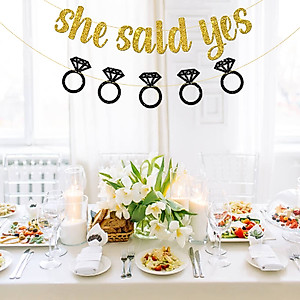 Belrew She Said Yes Banner, Wedding, Engagement Party Decor, Bridal Shower Party Decoration Supplies, Glittery Gold & Black