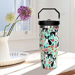Boston Terrier Gifts Boston Terrier Tumbler with Handle and Straw, Stainless Steel Vacuum Insulated Flip Straw 30 oz Spill Proof Coffee Travel Mug Boston Terrier Lovers Gifts
