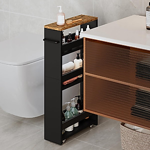 MARTY Rolling Storage Cart 4-Tier Black Kitchen Cart on Wheels, Slim Storage Cart with Handle Slide Out Utility Cart Shelving Unit Organizer Trolley for Laundry Narrow Places Bathroom Small Corner