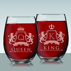 My Personal Memories King and Queen Stemless Wine Glasses Set for Wedding, Anniversary, and Couples