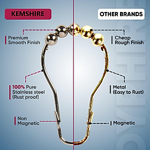 Shower Curtain Hooks Rust Proof (Set of 12) - Stainless Steel Shower Curtain Rings - Anti Slip Roller Balls for Easy Glide (Secure Lock Hooks, Polished Nickel)