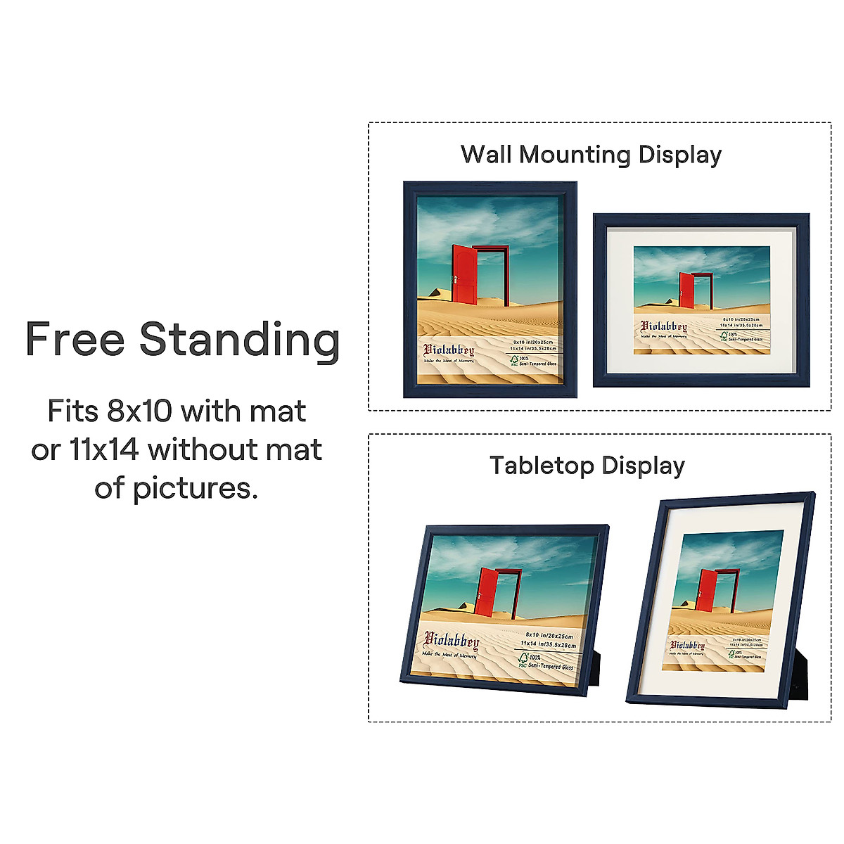 VIOLABBEY 11x14 Picture Frames Set of 4, Fits 8x10 Photo Frame with Ivory Mat or 11x14 Without Mat, Wall or Tabletop Display, Semi Tempered Glass, Blue