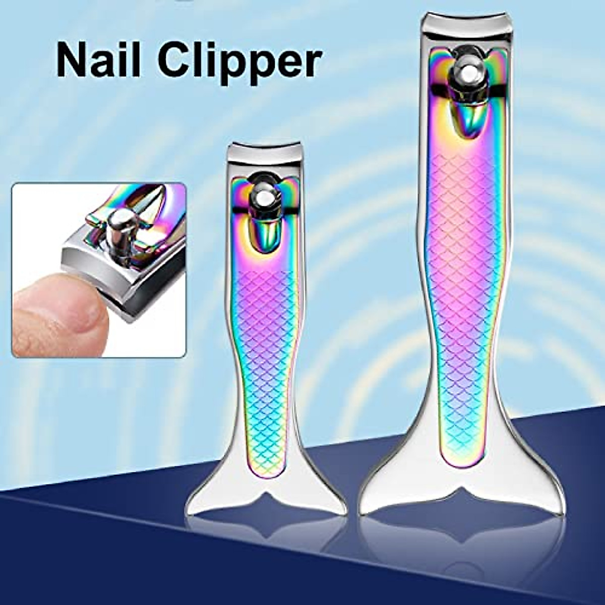 2Pcs Mermaid Nail Clipper Set, Fishtail Design Comfortable Grip Stainless Steel Easy to Use Fingernail Scissors Cutter for Home Use, Christmas Birthday Stocking Stuffers (Multicolor)