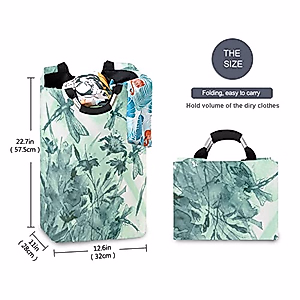 Kigai Beautiful Watercolor Dragonfly Large Laundry Basket, Collapsible Laundry Hamper with Handle, 22L Foldable Laundry Bag for Dirty Clothes