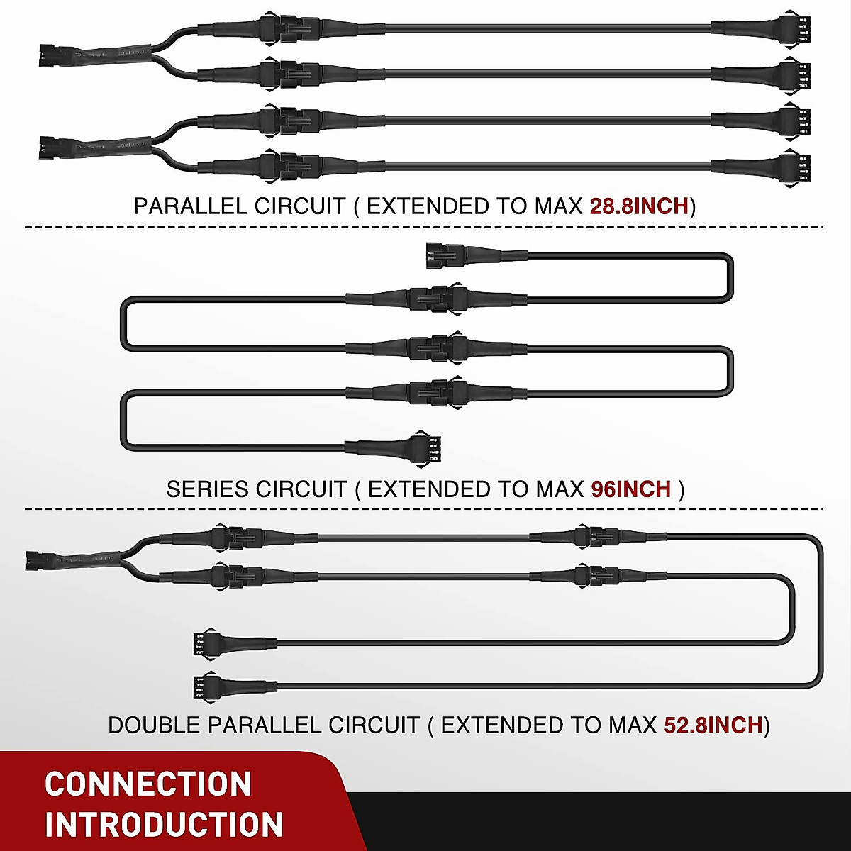 Nilight Extension Cable for Motorcycle LED Strip Lights 4PCS 2 Feet Extension Cords 3PCS 2 Way Y Splitter 4PIN extension cord for Underglow Neon Accent Light Strips Rock Lights