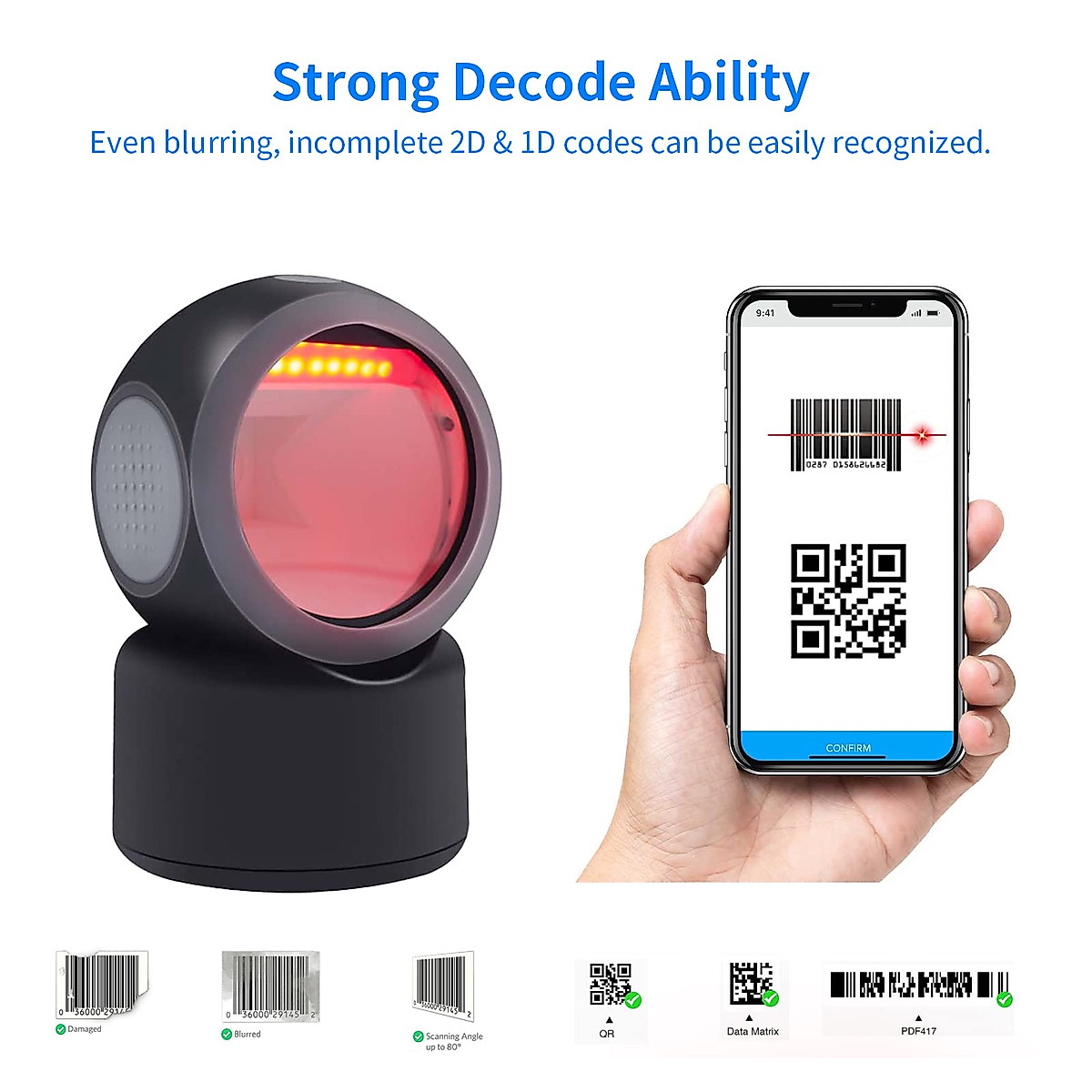 Alacrity 2D 1D QR Desktop Barcode Scanner, Omnidirectional Hands Free USB Wired Barcode Reader, Capture Codes on Screen, 3300DW, Black