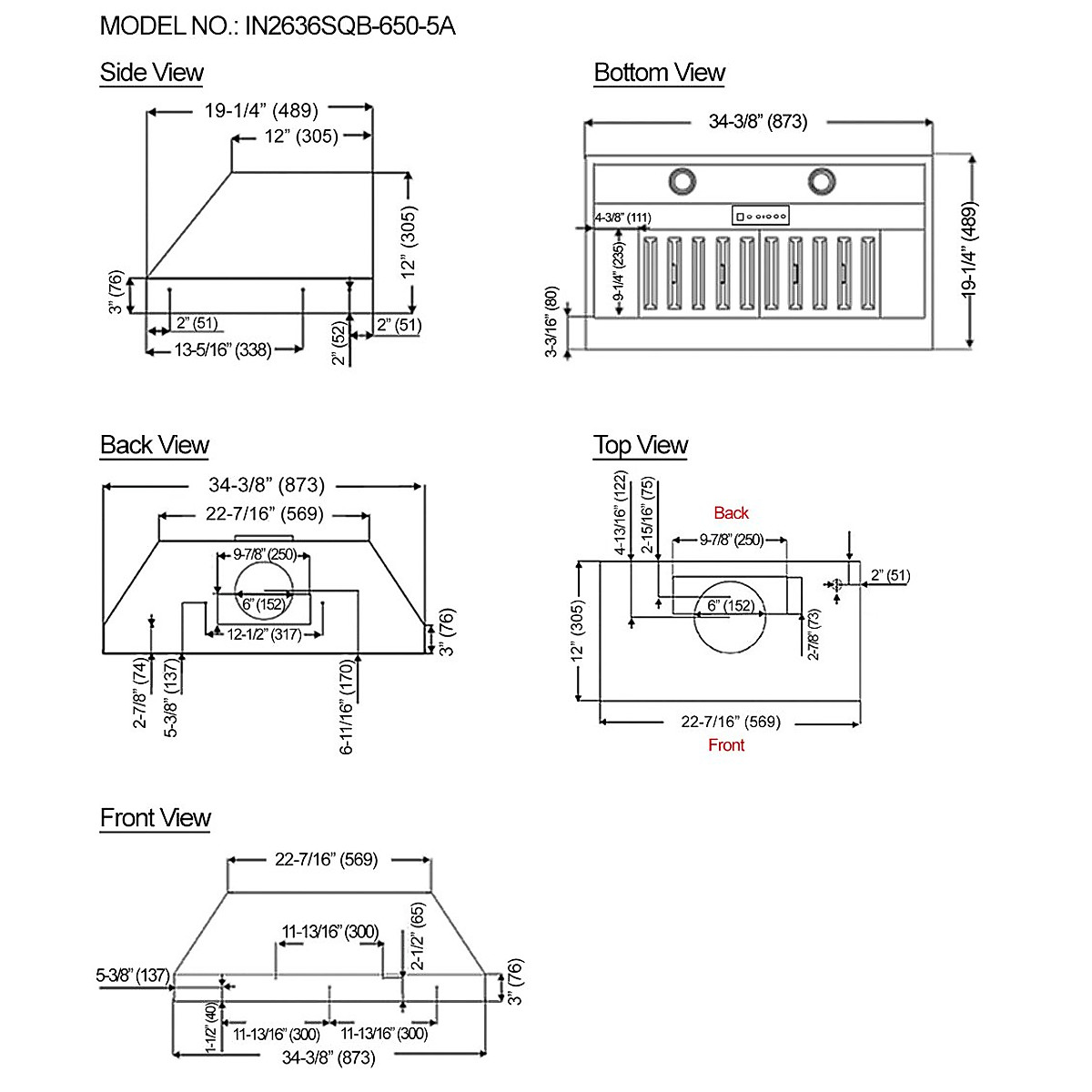 KOBE Range Hoods IN2636SQB-650-5A Insert Range Hood, 36-Inch, Stainless Steel