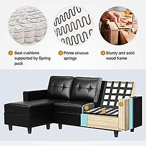 HONBAY Faux Leather Sectional Sofa Convertible L Shape Couch for Small Space, Black