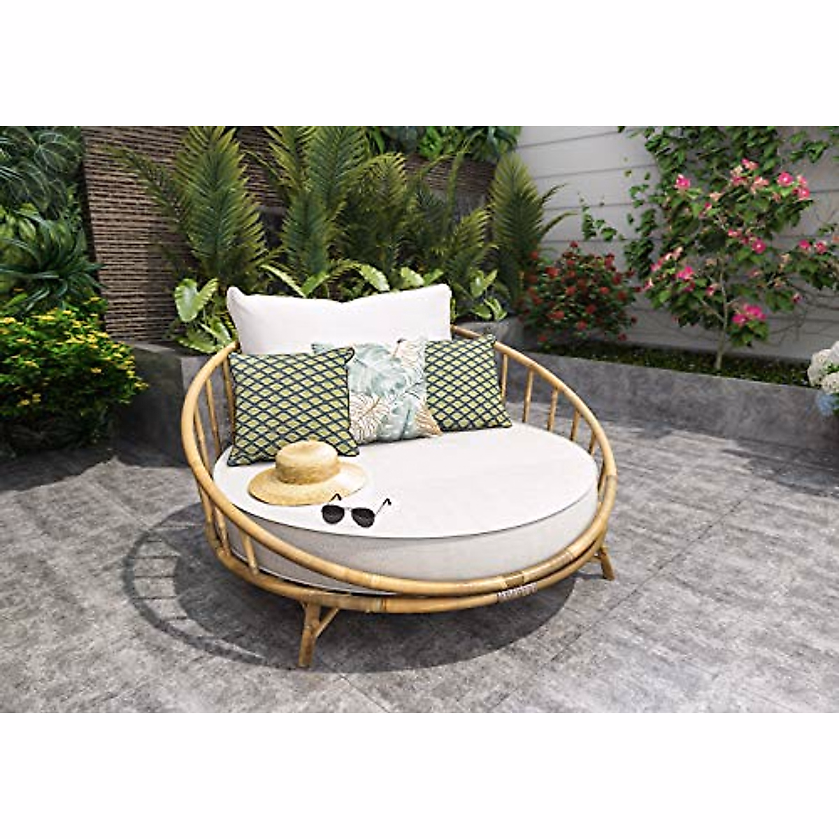 ZEW Bamboo Round Daybed Outdoor Indoor Large Accent Sofa Chair Lawn Pool Garden Seating with Cushion and Pillows Sofabed, Natural