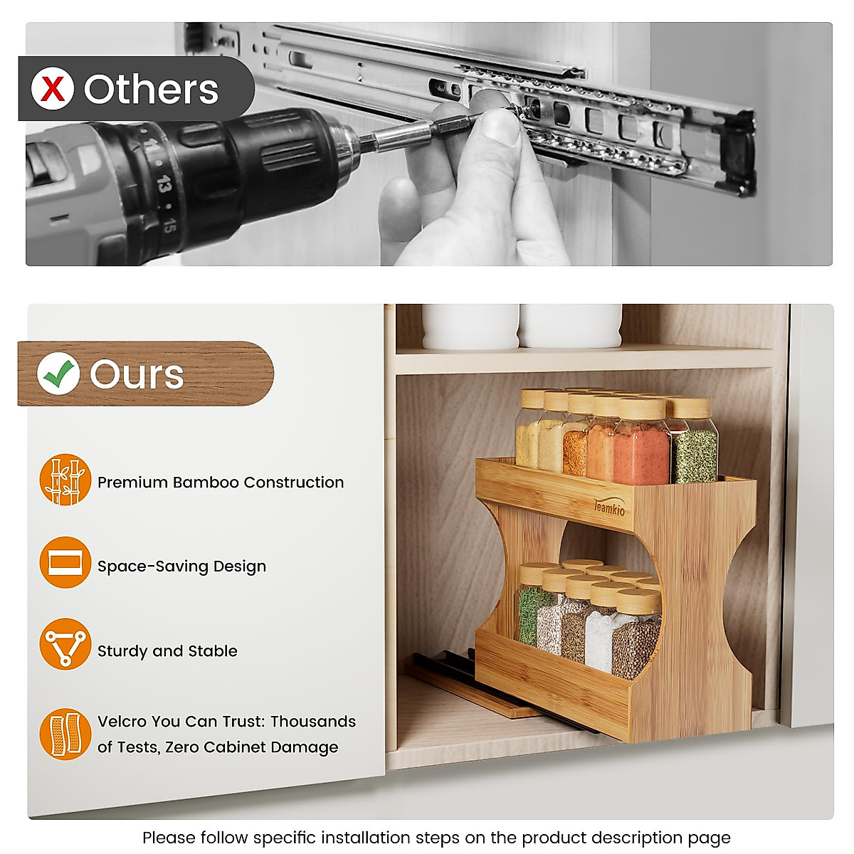 Teamkio Bamboo Spice Rack Organizer for Cabinet, 2-Tier Pull Out Spice Rack, Tool-Free Install Slide Out Vertical Seasoning Spice Organizer for Kitchen Cabinet（Bottles not included