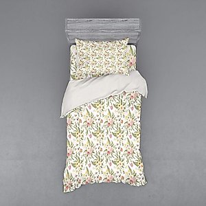 Ambesonne English Garden Duvet Cover Set, Repetitive Floral Pattern with Vintage Different Flowers Bouquet, 3 Piece Bedding Set with Sham and Fitted Sheet, Twin Size, Multicolor