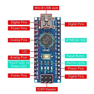 DWEII 2PCS for Nano V3.0 ATMEGA328P Module CH340C Chip 5V 16MHz Mini USB Micro-Controller Board with 2PCS Mini USB Cable Compatible with Arduino