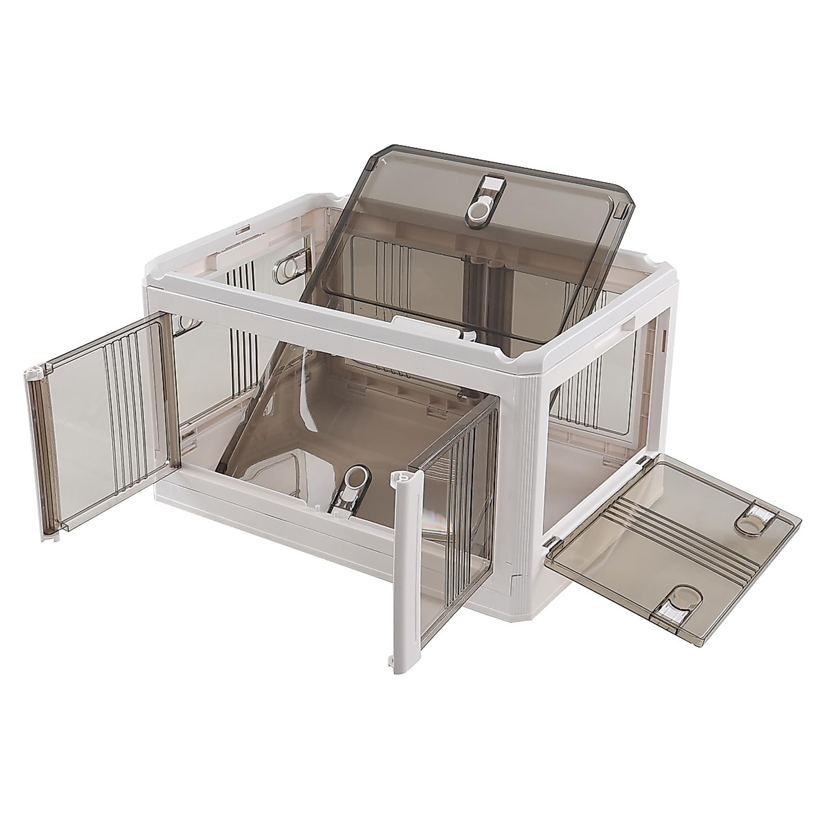 Sandmovie 4 Packs 15 Gallons Stackable Collapsible Storage Box with Wheels, Plastic Folding Box with 5 Doors