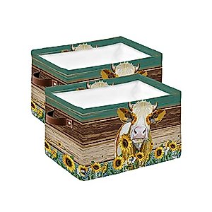 Storage Bins Large Storage Basket,Farm Cow Country Sunflower Plant Collapsible Storage Bins with Handle,Vintage Farmhouse Plank Storage Baskets Cube Organizer for Shelves Closet Nursery