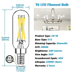 Mlambert Dimmable E12 LED Light Bulb, 40W Equivalent Candelabra Bulbs, 5000K Daylight White T6 4W T25 Filament Bulb for Chandeliers, Ceiling Fan, Pendant, Wall sconces, Pack of 5