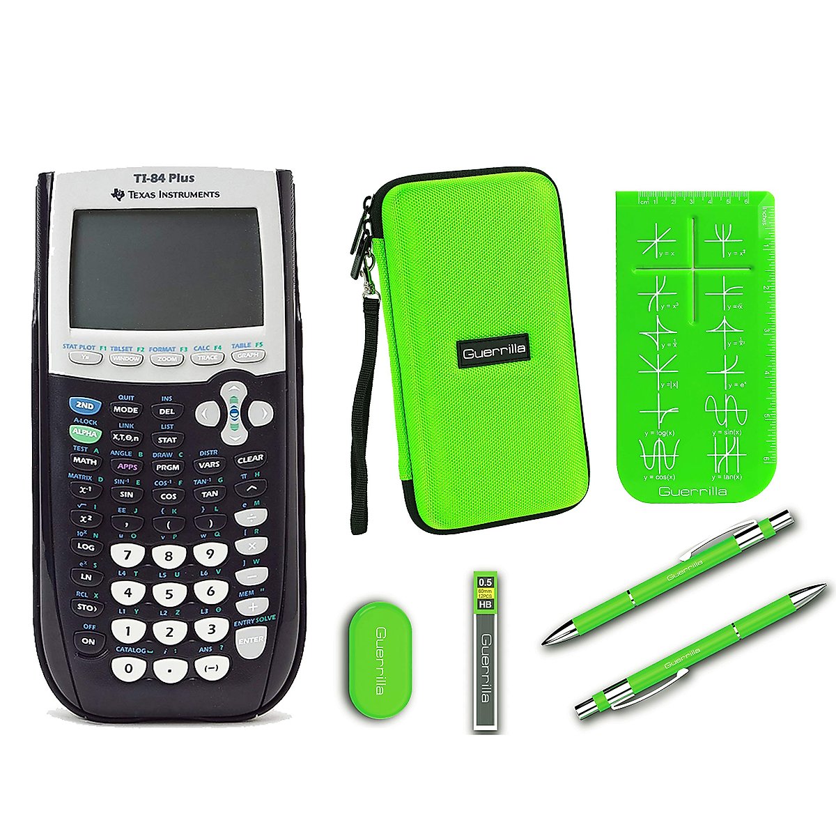 Texas Instruments TI-84 Plus Graphing Calculator + Guerrilla Zipper Case + Essential Graphing Calculator Accessory Kit (Green)