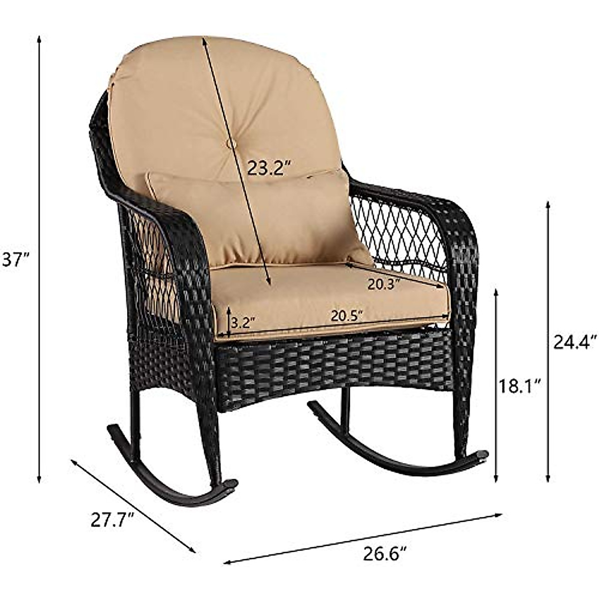 BAIJIAWEI B Outdoor Wicker Rocking Chair - Garden Patio Yard Porch Lawn Balcony Backyard Furniture All- Weather Wicker Rocker Chair with Cushions(1PC,Khaki)