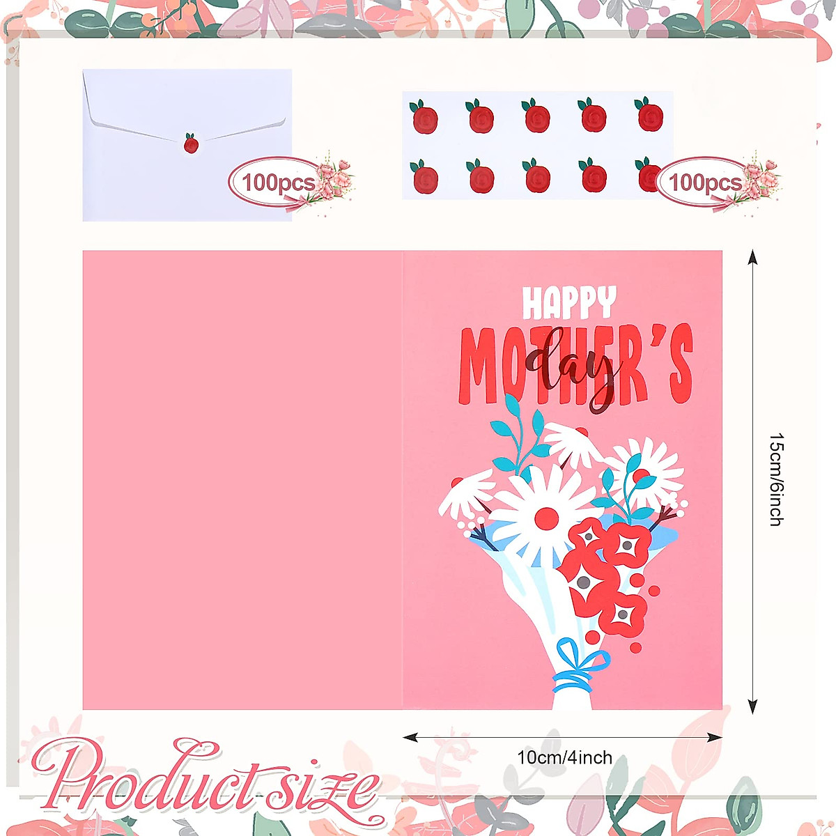 TaoBary 100 Pcs Happy Mother's Day Cards Assorted Blank Mother's Day Greeting Cards Notecards Bulk Floral Small Note Card with Envelopes and Stickers for Mom Present Birthday, 4 x 6 Inch, 10 Designs