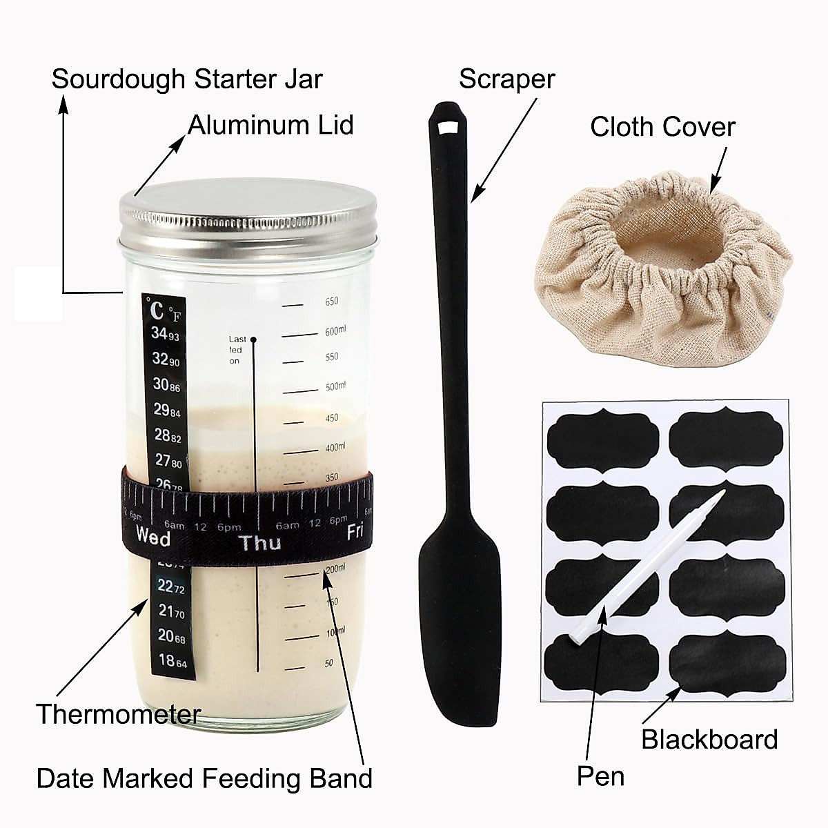 14pcs Sourdough Starter Jar Kit for Sourdough Bread Baking with Date Marked Feeding Band, Thermometer, Scraper, Digital Kitchen Scale,3 x Measuring Cups and 5 in 1 Spoons, Cleaning Cloth