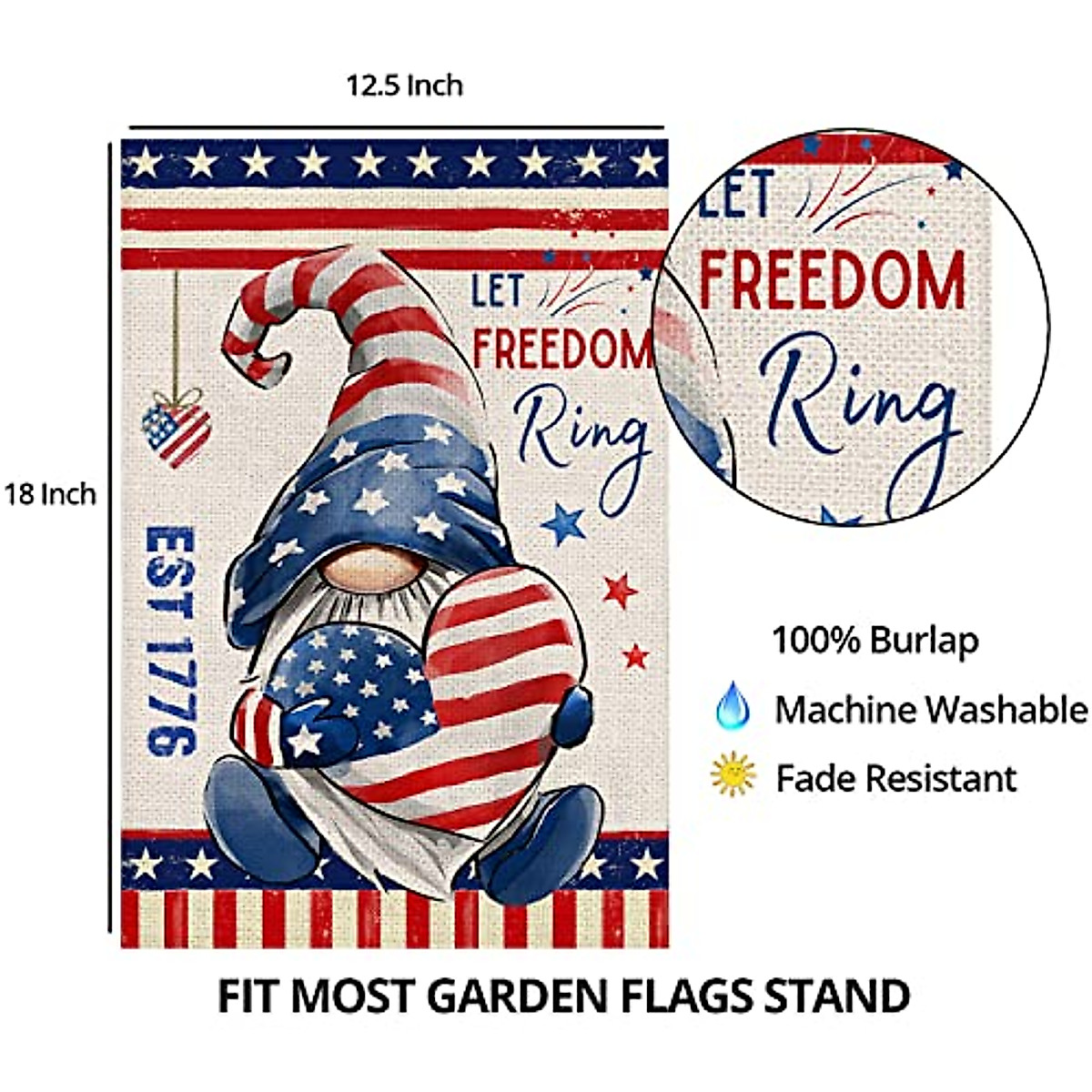 Patriotic Gnome Garden flag for 4th of July 12x18 Double Sided,American Gnome with Love Heart Small Yard Flags for Independence Day Memorial Day Decor for Summer Farmhouse Holiday Outside Outdoor