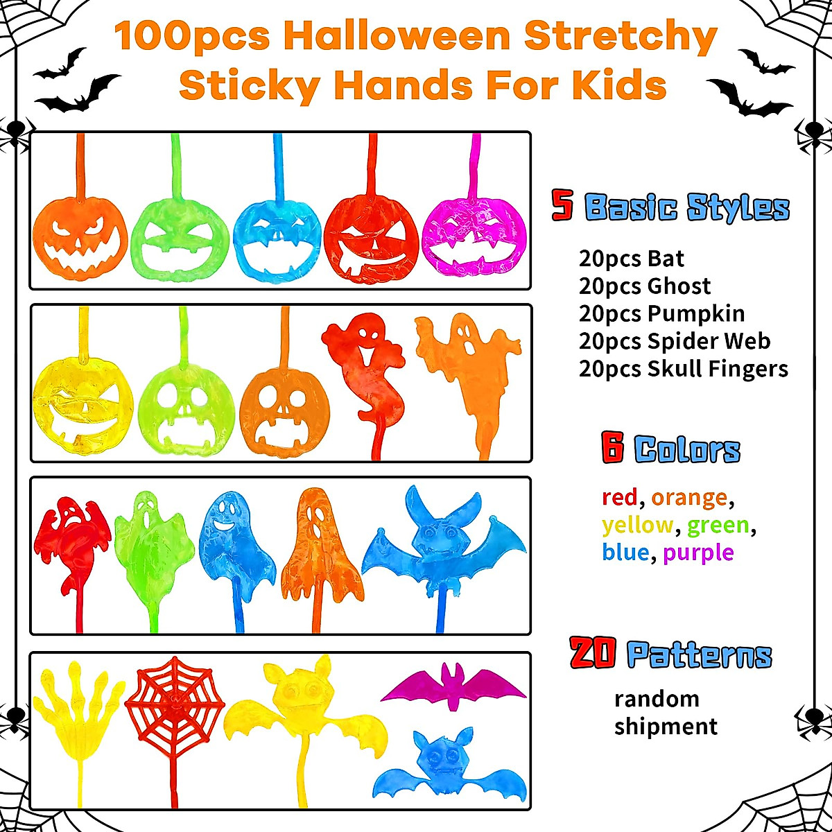 Tuzuaol 100 Pack Halloween Sticky Hands Party Favors Supplies for Kids, Ghost Pumpkin Skull Fingers Bat Spider Web Sticky Stretchy Hand Toys Gifts for Boys Girls