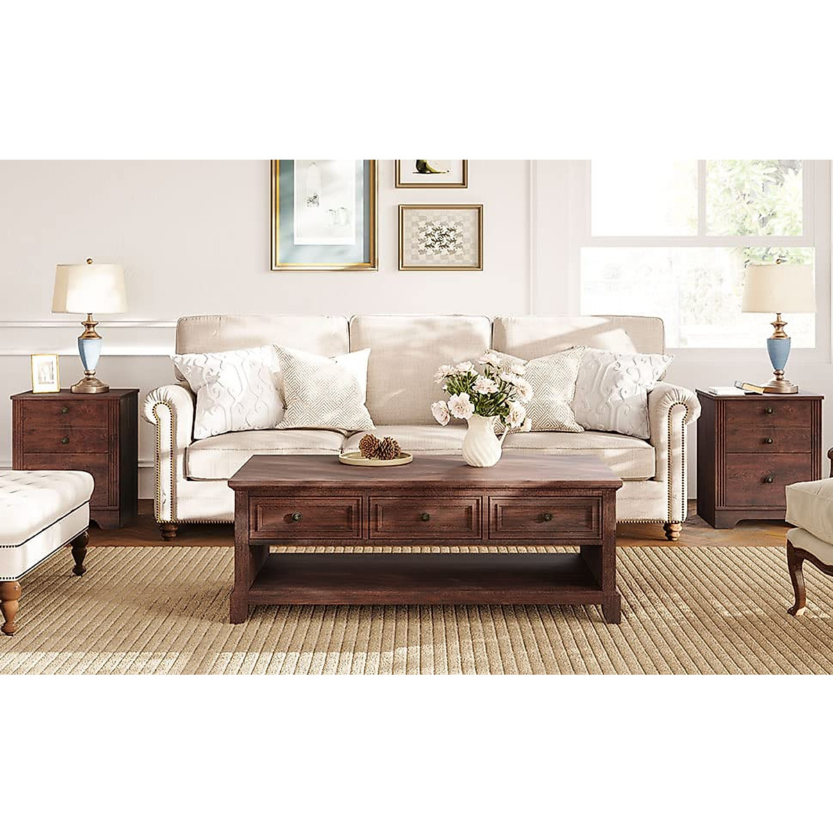 Set of 2 Nightstands End Tables with 2 Drawers, Wood Side Table Bedside Storage for Bedroom, Living Room, Walnut, 23 Inch Height