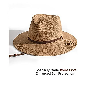 FURTALK Womens Summer Straw Sun Hats Wide Brim Panama Fedora Beach Hat with Wind Lanyard UPF 50+ Khaki