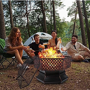 Arlopu 30/28'' Outdoor Grilled Fire Pit, Wood Burning Firepit, Patio Portable Pit, Hex Outside Camp Fireplace, W/ 20in Fire Poker, Spark Screen, 0.8mm Steel Base for Backyard,Terrace,Poolside,Gazebo