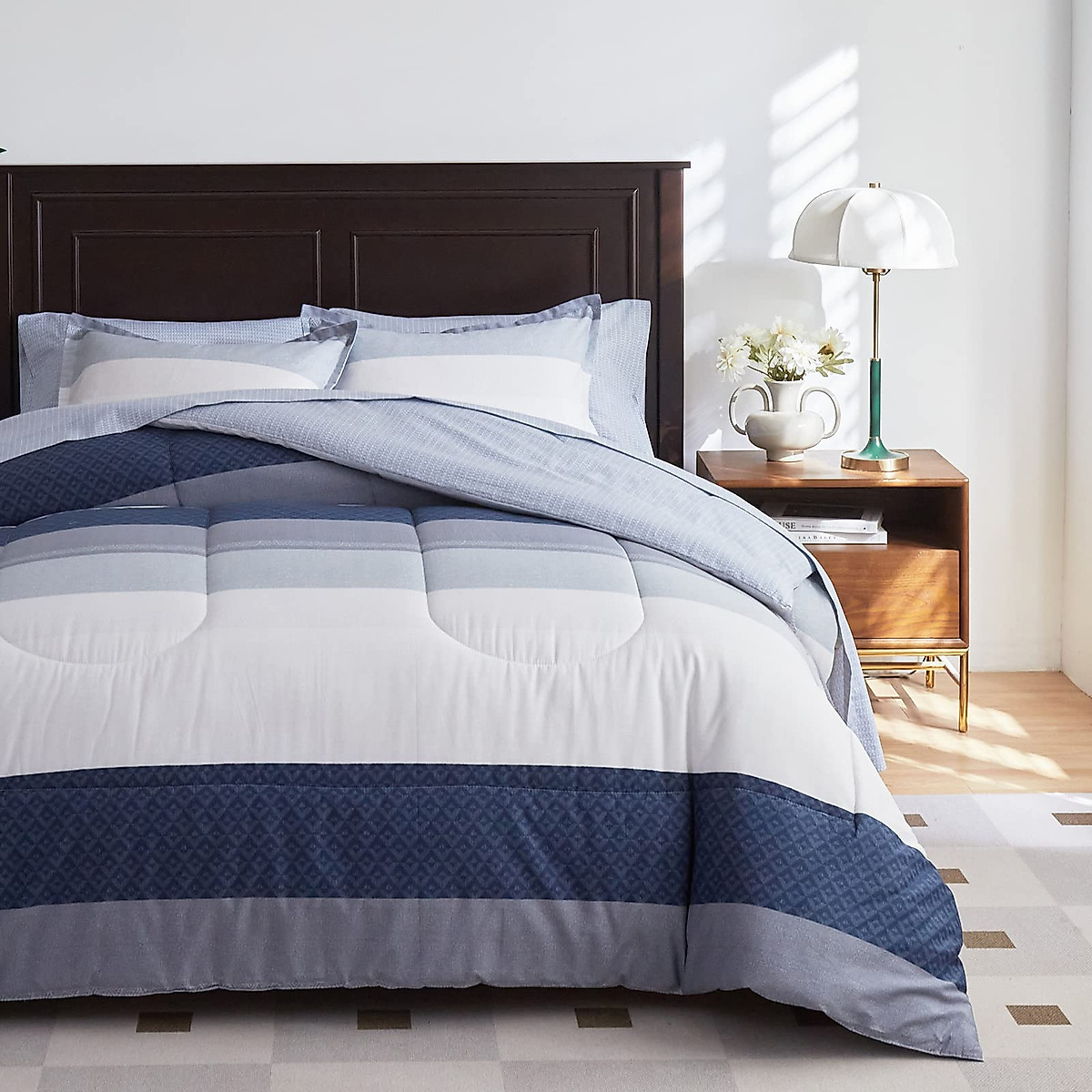 UOZZI BEDDING Cotton Striped Comforter Sheet Set Queen Size 7 Pieces Bed in a Bag with Navy White Blue-Gray Stripes Soft Bed Set (1 Comforter 2 Pillow Shams 1 Flat Sheet 1 Fitted Sheet 2 Pillowcases)
