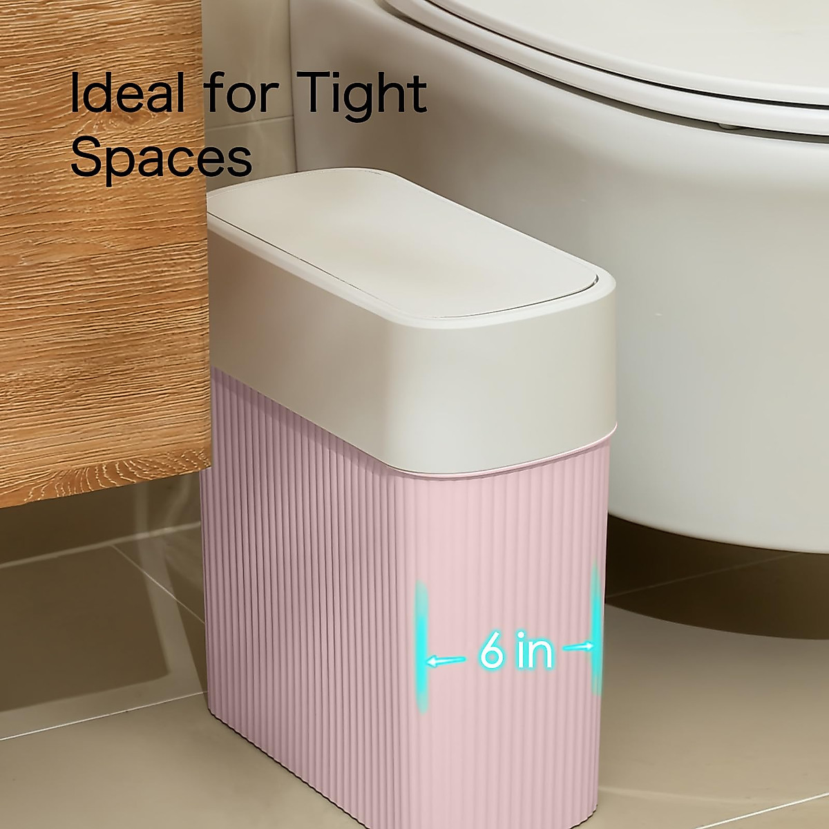 ABEETE Bathroom Trash Can with Lid, 12L Small Plastic Garbage Can for Kitchen with Press Top Lid, 3.2 Gallon Slim Dog Proof Wastebasket Trash Bin for Office, Bedroom, Living Room, Home Cabinet-Pink