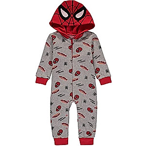 SPIDER-MAN Spiderman Baby Boys Bodysuit One Piece - Long-Sleeve Hooded Jumpsuit - Baby Boy Clothes (Grey/Red/White, 12M)