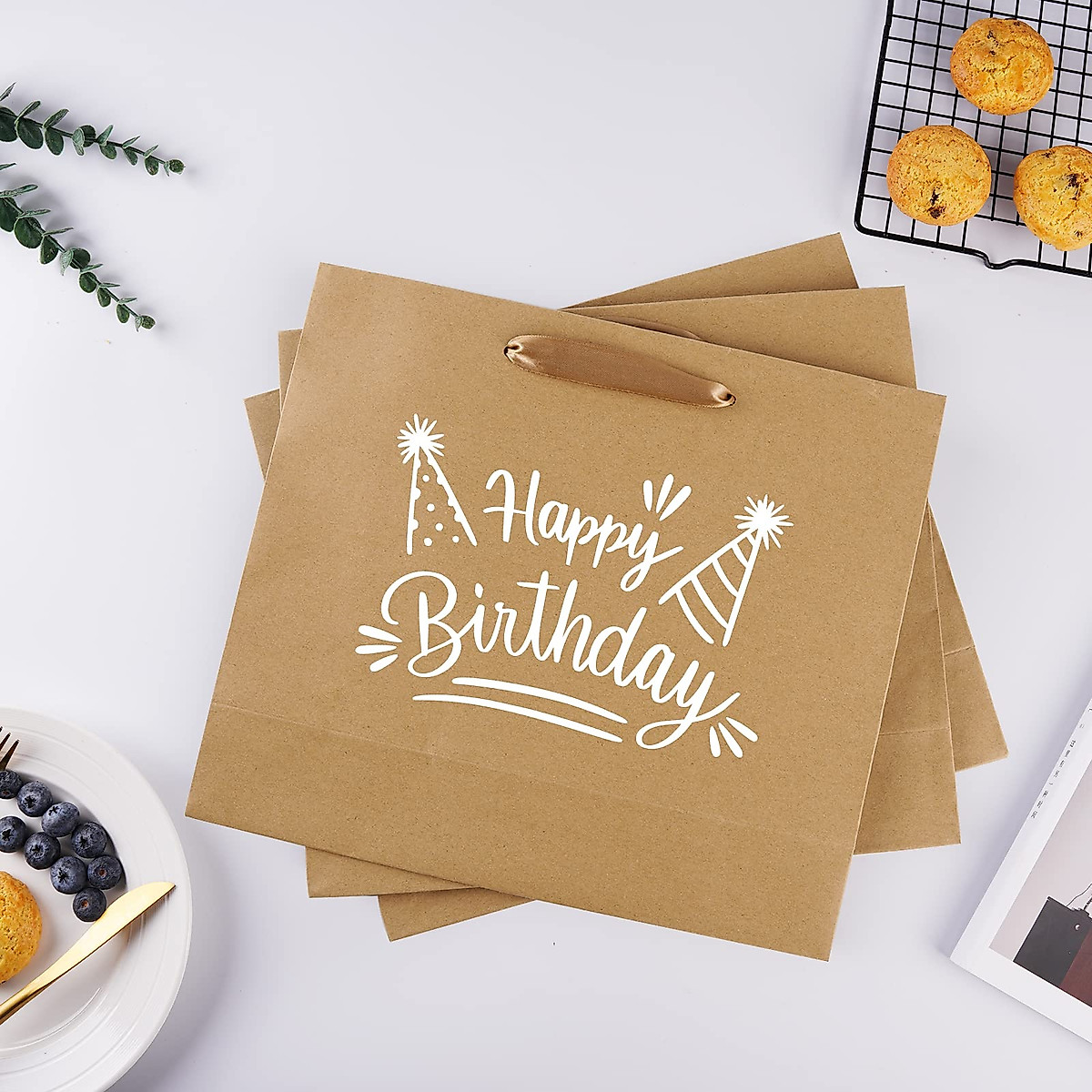 12 Pack Kraft Paper Bags, Large Gift Bags with Tissue Paper, Brown Paper Gift Bags with Ribbon Handles for Shopping, Small Business, Bridal Party, Wedding, Christmas and Holiday (12.5” x4.5” x11”)