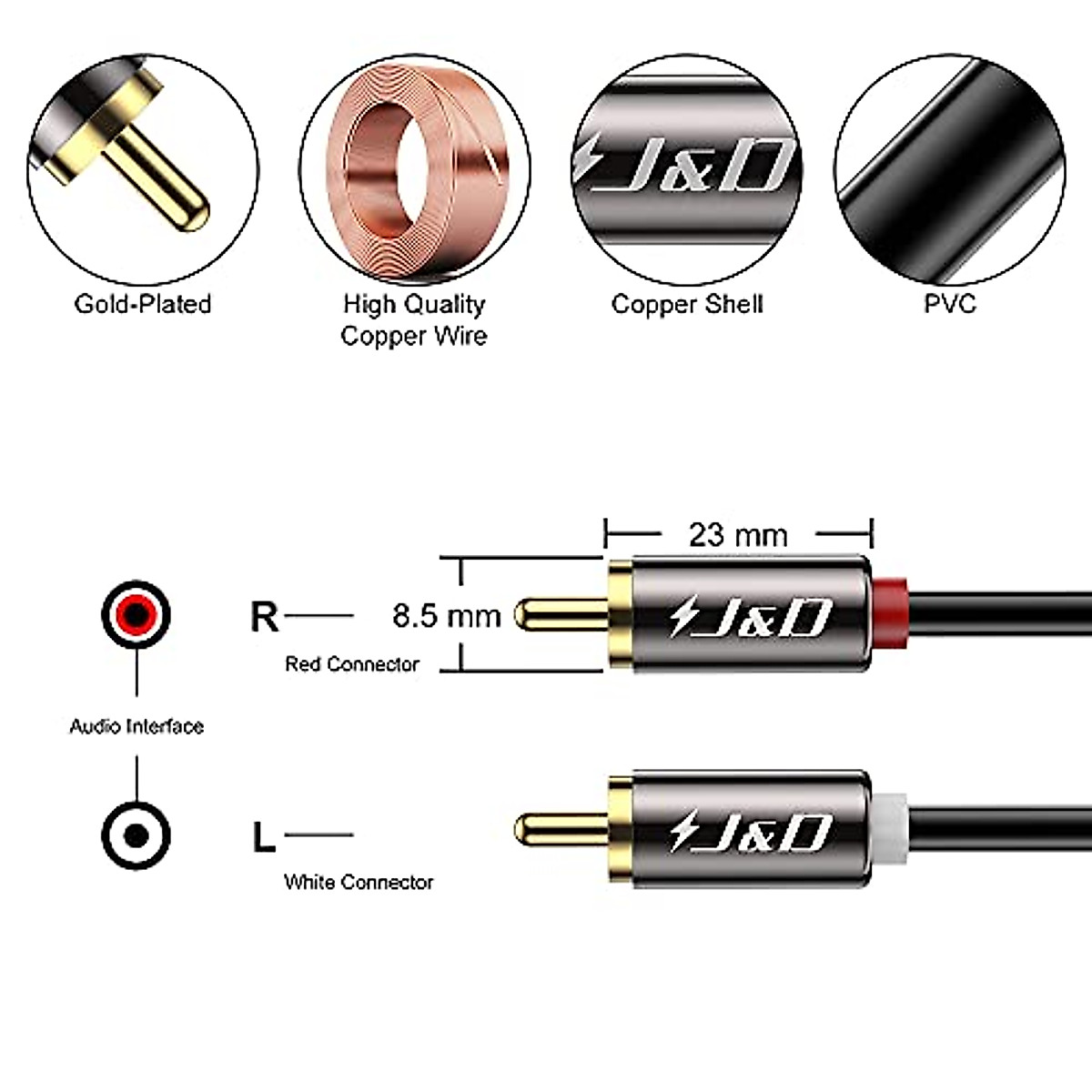 J&D 2 RCA M/M Stereo Audio Cable, Gold-Plated 2RCA Male to 2RCA Male Copper Shell Auxiliary Audio Cord for Home Theater HDTV Amplifiers Hi-Fi Systems Speakers, RCA Audio Cables, 3 Feet
