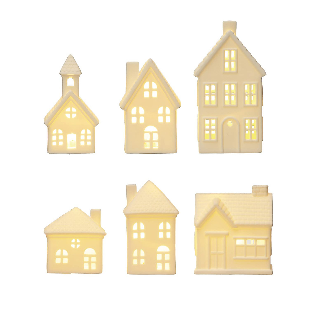 Creative Co-Op Stoneware Bisque Houses with LED Lights, White, Set of 6