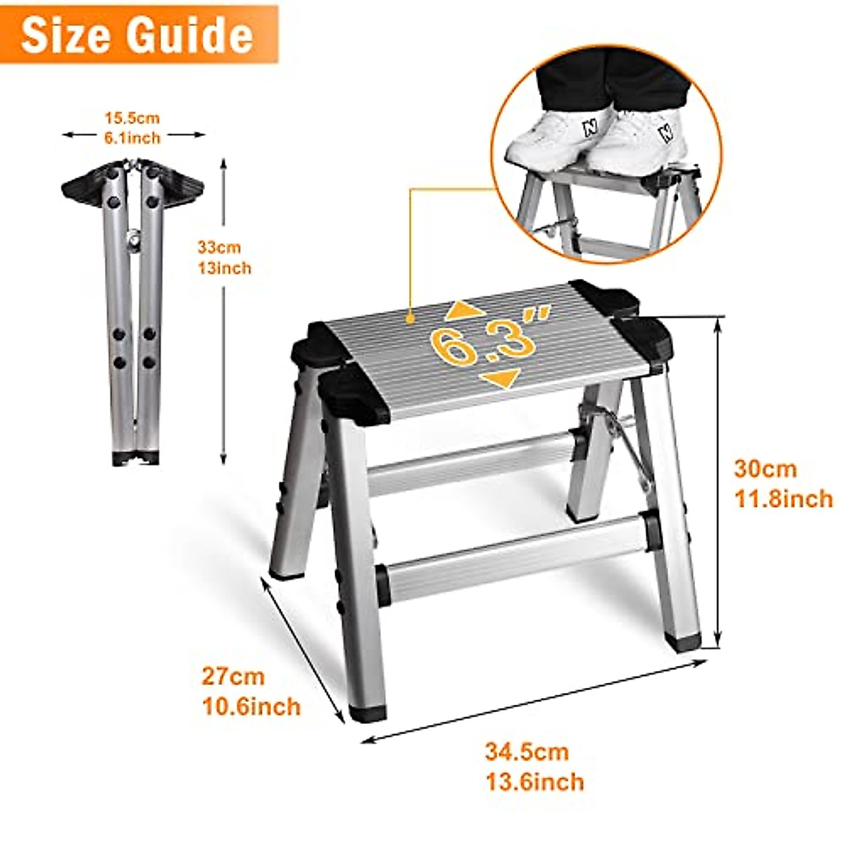 Folding One Step Stool - Small Aluminum 1 Step Ladder 330lbs Capacity with Non-Slip Feet, Lightweight Sturdy Metal Step Stool by CHEAGO, Portable Solid Handy Stool for Kitchen, Home, RV, Garage