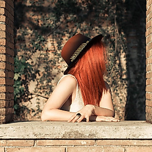 Gossifan Women Gradient Color Fedora Wide Brim Felt Panama Hat with Belt Buckle Orange/Black