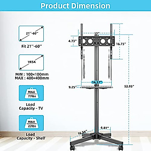 Mobile TV Carts on Wheels for 21-60 Inch Flat/Curved Panel Screens TVs - Height Adjustable Floor Trolley Stand with Shelf Holds up to 77lbs - Max VESA 400x400mm