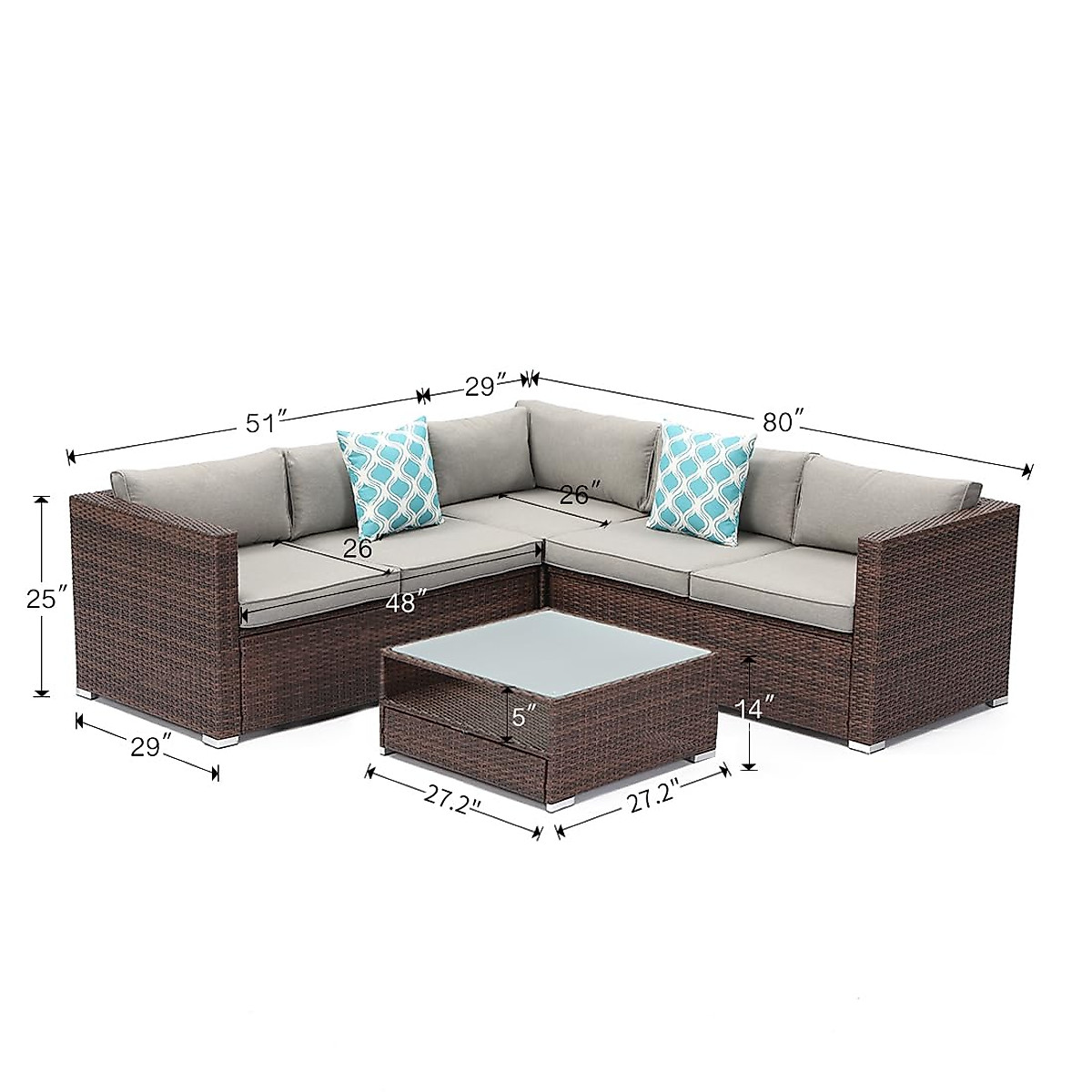 COSIEST 4-Piece Outdoor Furniture Set All-Weather Brown Wicker Sectional Sofa w Warm Gray Thick Cushions, Glass Coffee Table, 2 Teal Pattern Pillows