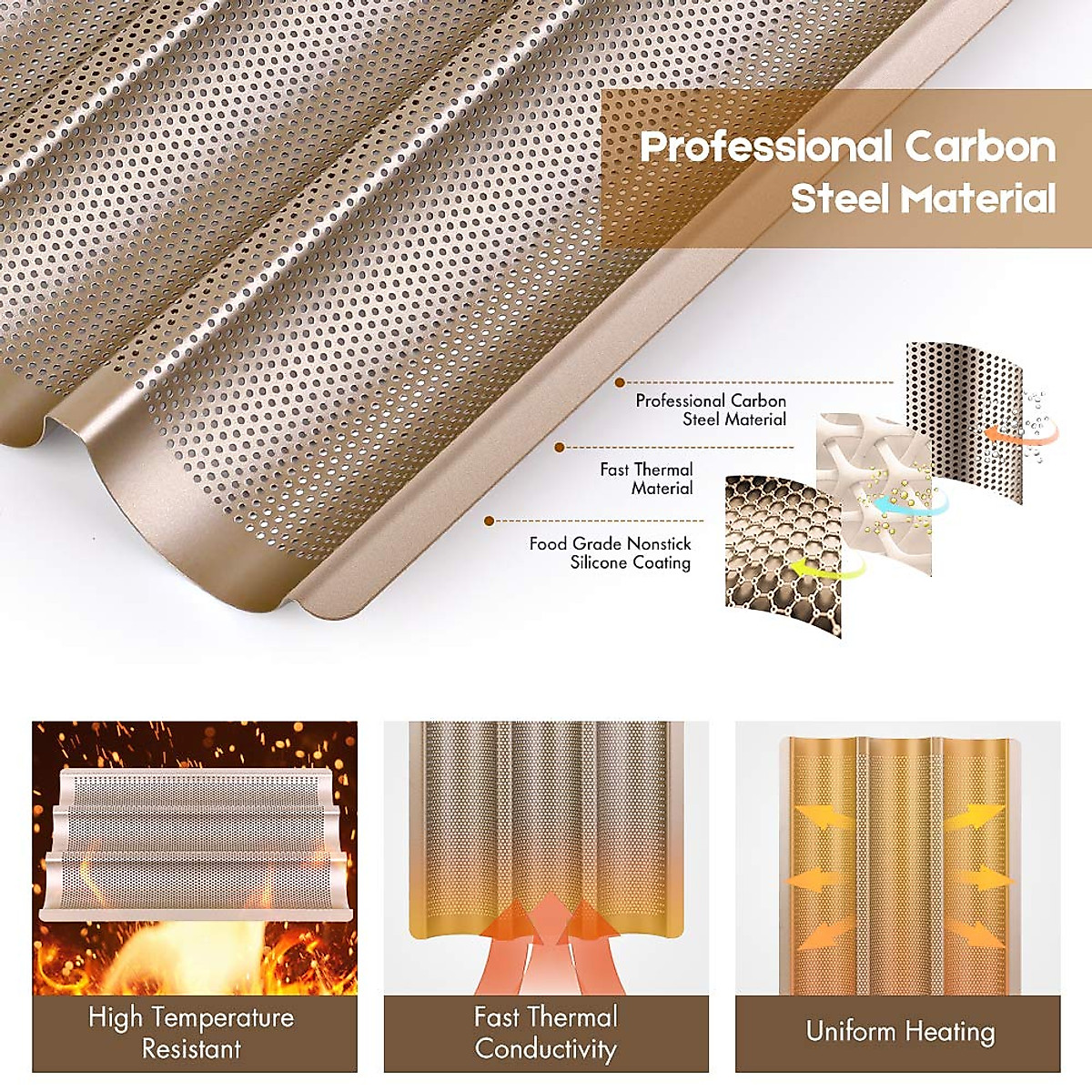 AMAGABELI GARDEN & HOME Nonstick French Baguette Pans For Baking 15"x11" Carbon Steel 3 Loaf Perforated Bread Tray Bake Mold Toast Cooking Oven Toaster Pan Cloche Waves Bakeware Golden BG285