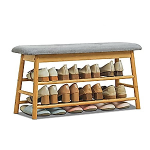 MoNiBloom 2 Tier Shoes Bench, Bamboo Upholstered Shoe Rack Entryway Storage for High Heels Sneakers Sandals Slippers - Natural (6-10 Pairs)