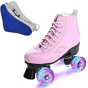 Roller Skates for Women, Classic Double-Row Roller Skates Pu Leather Roller Skate Boys and Girls Unisex Indoor and Outdoor Skates, Easy Carrying (Pink Flash Wheel,9)